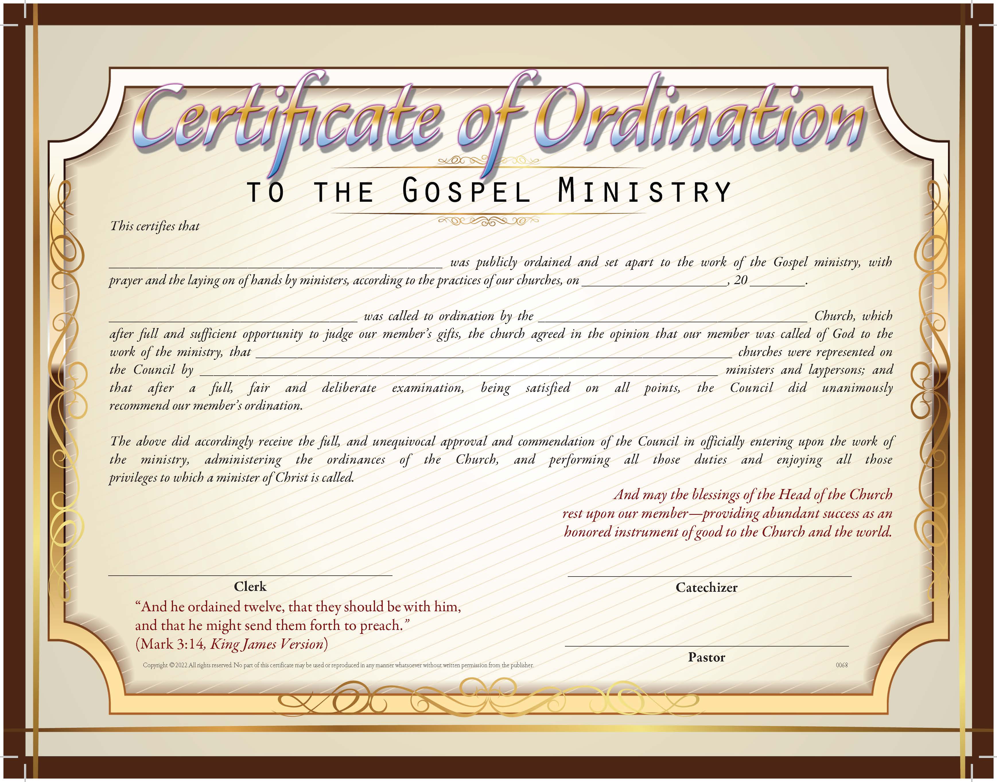 Certificate Of Ordination Pastor