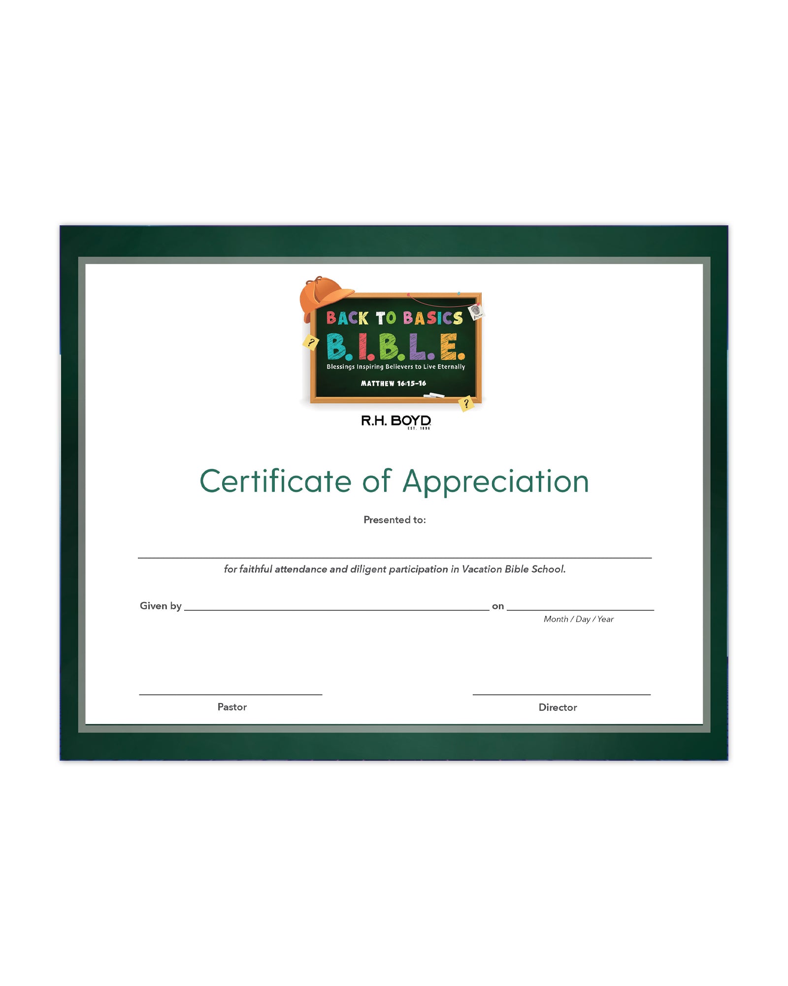 Back To Basics B.I.B.L.E.: VBS Certificate of Appreciation – R.H. Boyd